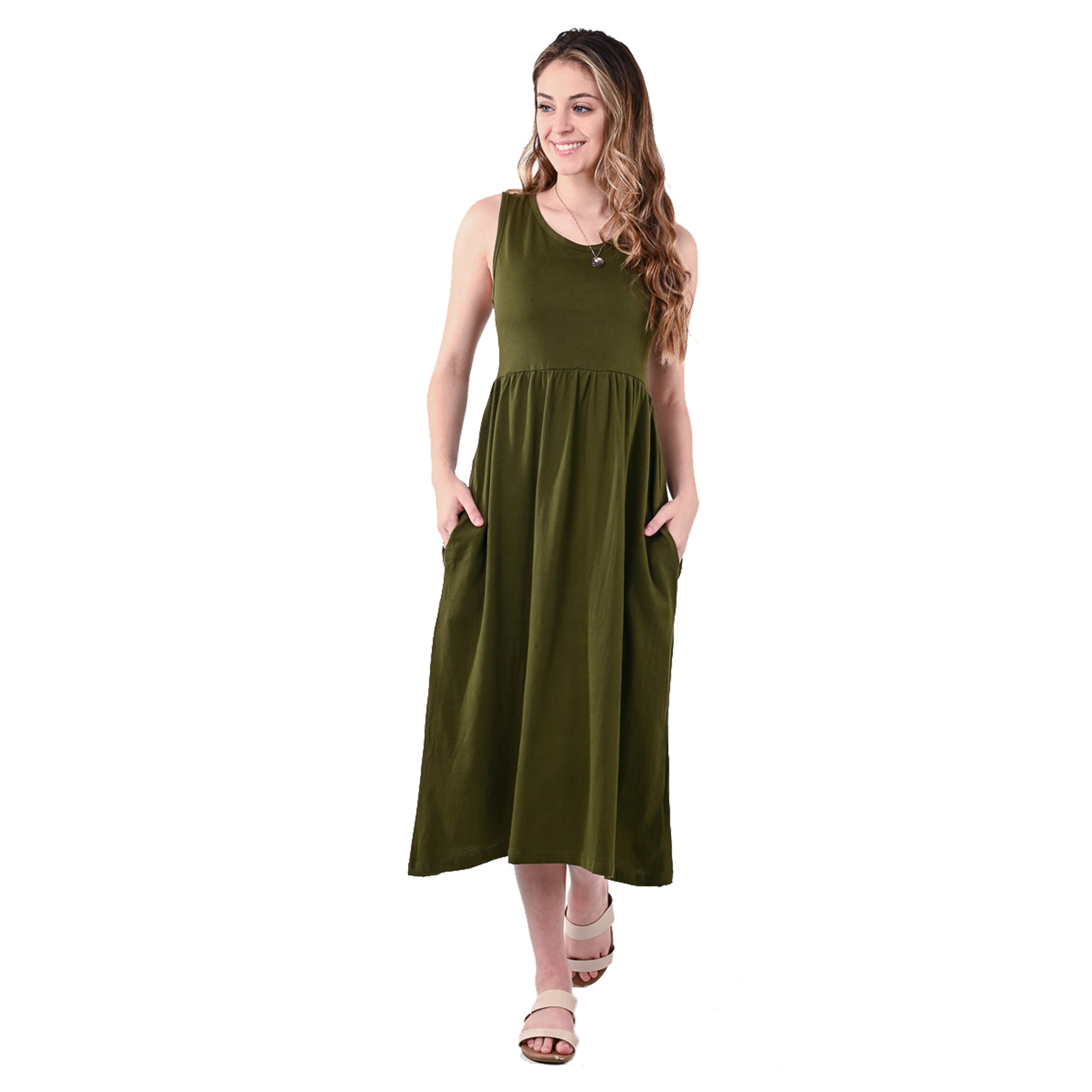 USBD Premium Cotton Made Maxi Dress with Pockets Waisted Casual Long M